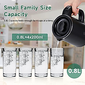 0.8L Small Portable Electric Kettles for Boiling Water, Mini Stainless Steel Travel Kettle, Portable Mini Hot Water Boiler Heater, Quiet Fast Boil with Boil-Dry Protection (Black)
