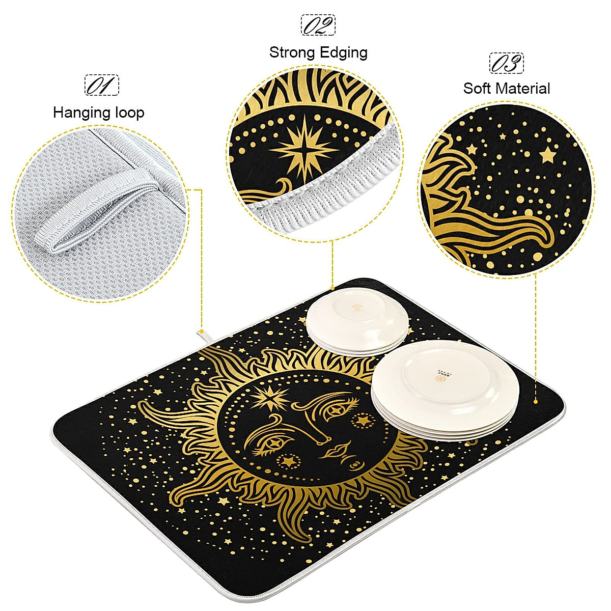 Hand Drawn Gold Golden Face of the Sun Stars on Black Dark Kitchen Dish Drying Mat, Absorbent Microfiber Pad Drainer, Heat-resistant Countertops Sinks Protector with Hanging Loop 18"x24"