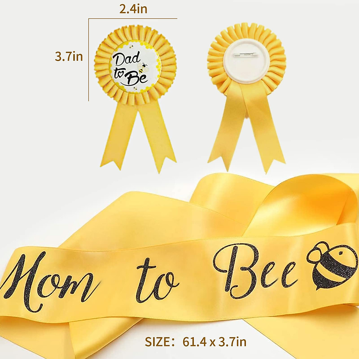 Ripakiya 2Packs Baby Shower Decorations Yellow Mom to Bee Sash and Dad to Bee Tinplate Badge with Cute Bee Pattern Baby Welcome Party Gifts
