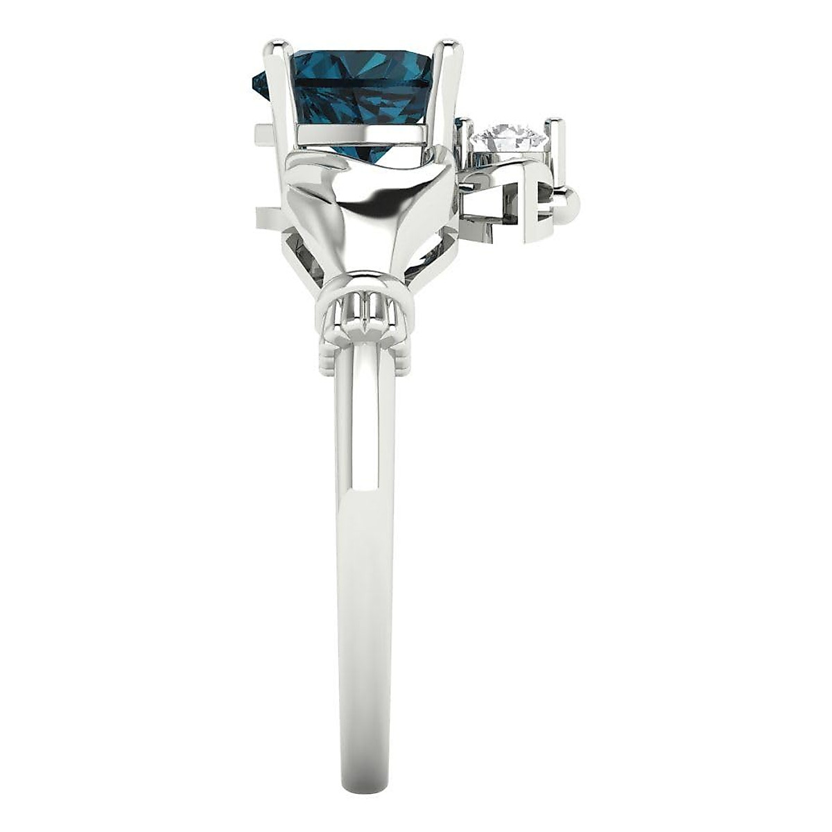 Clara Pucci 1.52ct Heart Cut Irish Celtic Claddagh Solitaire Natural London Blue Topaz gemstone designer Modern Ring 14k White Gold