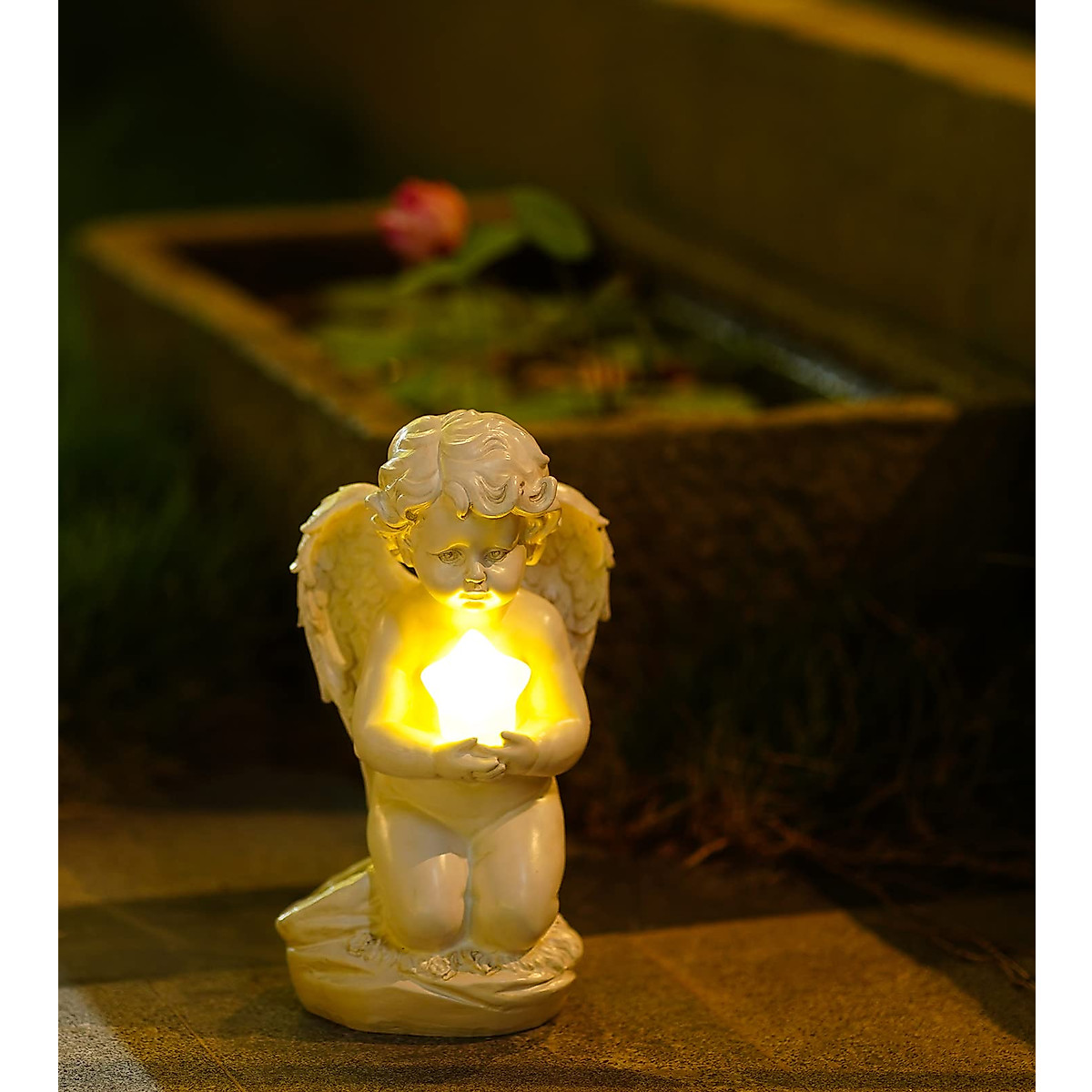 HONGRUIART Solar Powered Cherub Angel Light, Kneeling Praying Cherub Angel Statue with Solar Star Lights Garden Angel Decor for Home Outdoor Patio Lawn Mother's Day Remembrance Gifts