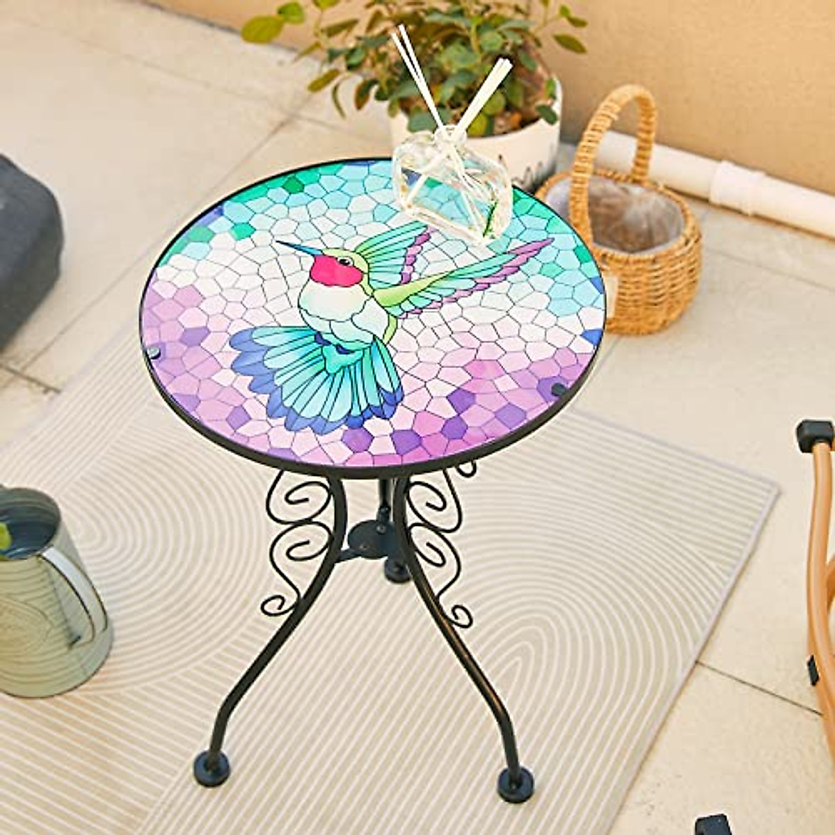Outdoor Patio Side Table, 21" Round End Table with 14" Hummingbird Pattern Glass Top, Small Accent Table Bistro Coffee for Living Room Porch Balcony Garden Yard
