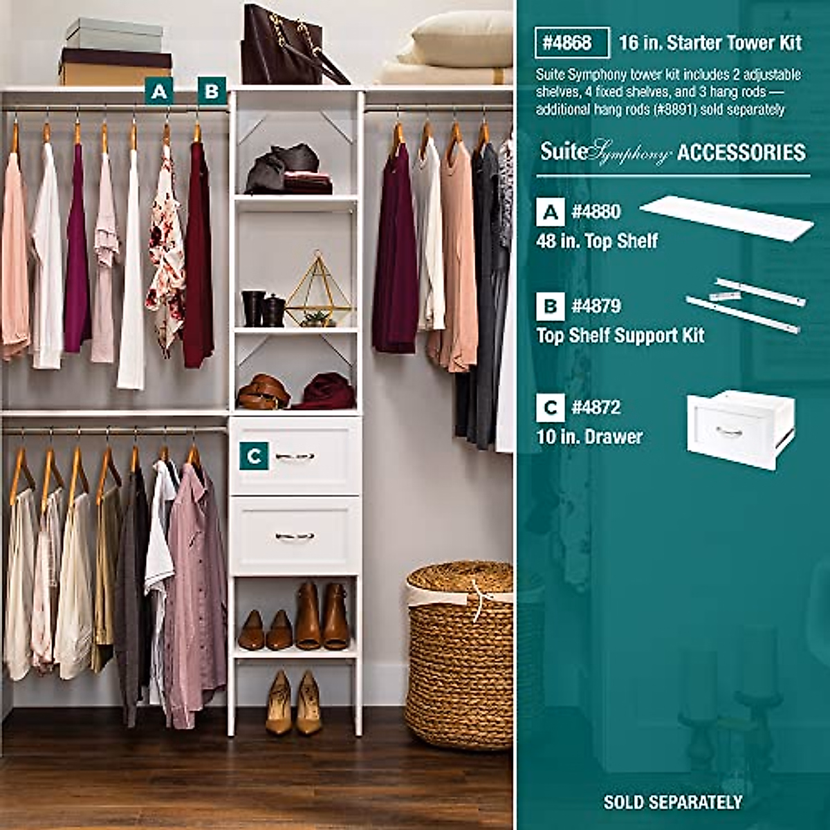 ClosetMaid SuiteSymphony Wood Drawer Add On Accessory, Shaker Style, for Storage, Closet, Clothes, 16" X 10", Pure White