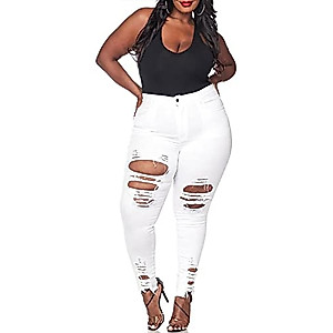 PYL Women Plus Size Denim Ripped Jeans, Distressed Skinny Stretchy White Jegging Pant (L-5XL)