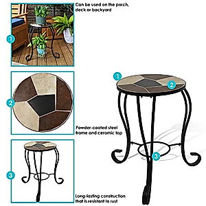 Sunnydaze 12-Inch Plant Stand - Indoor or Outdoor Plant Holder or Side Table - Steel Frame - For Garden, Patio, or Inside the Home - Ceramic Tile