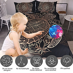 Sleepwish Gold Black Tortoise Bedding 3D Printed Golden Duvet Cover Turtle Floral Pattern Funky Duvet Cover Bedspread Quilt Cover (Queen)
