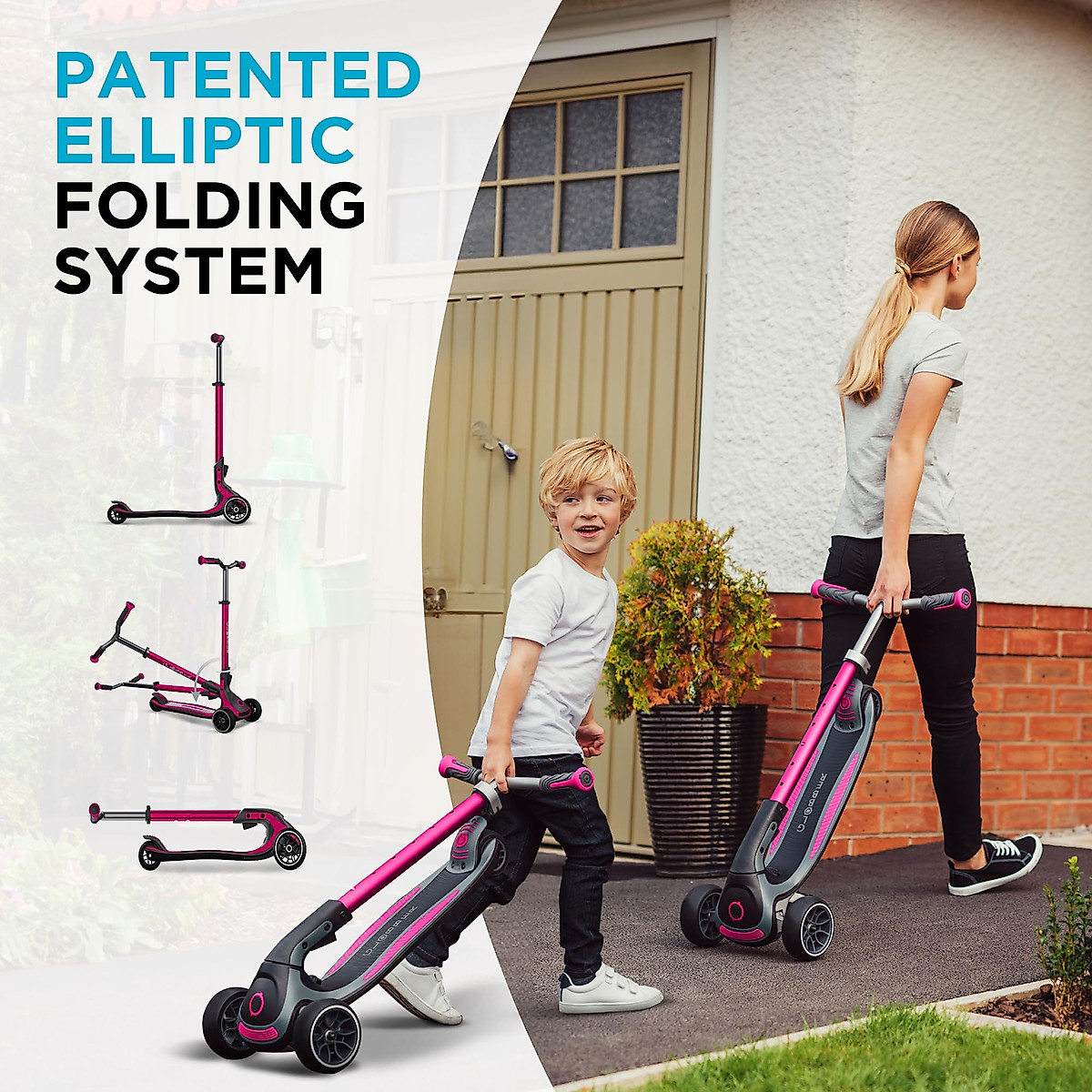 Globber Ultimum Scooter | 3-Wheel Kick Scooter for Adults & Kids 5+ | Foldable Kick Scooter with Safe, Non-Slip Deck & Premium Brakes (Pink)