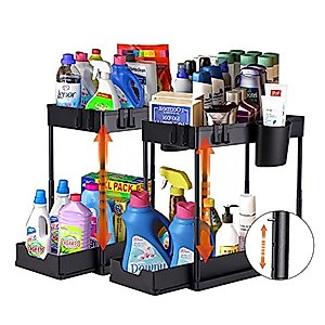 2 Pack Under Sink Organizers and Storage, 2 Tier Sliding Under Storage Drawer Organizer with Hooks and Hanging Cup,for Bathroom Kitchen Sink Organizer,Black