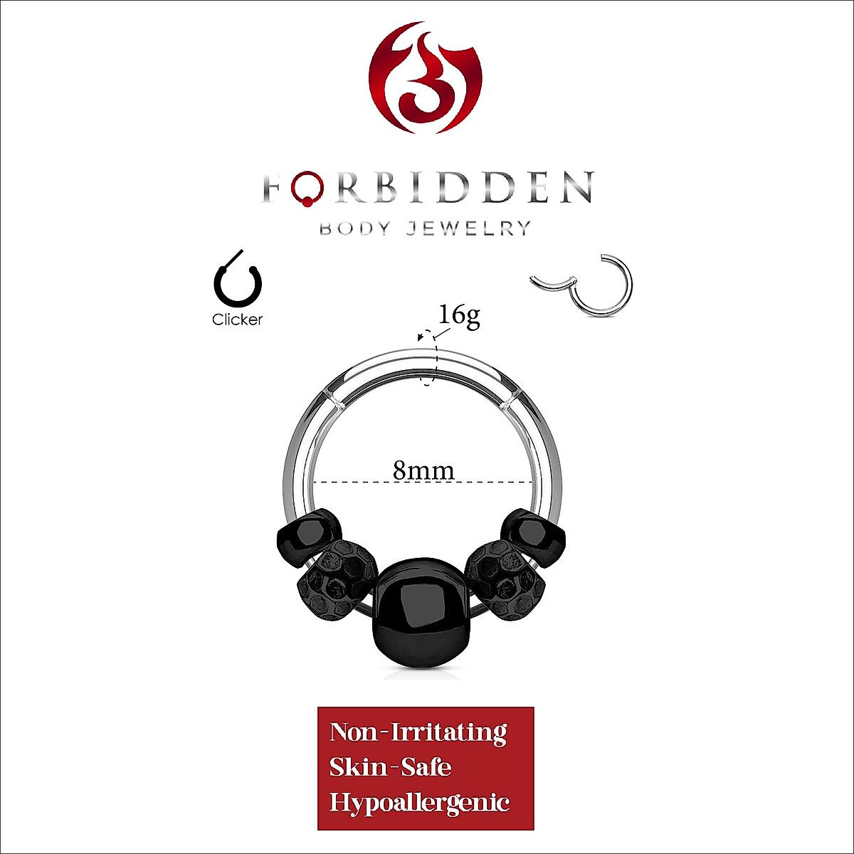 Forbidden Body Jewelry 16 g 8 mm Surgical Steel Hinged Segment Septum Nose Ring Hoop Piercing/Cartilage Earring for Women or Men, Style 1 - Black…
