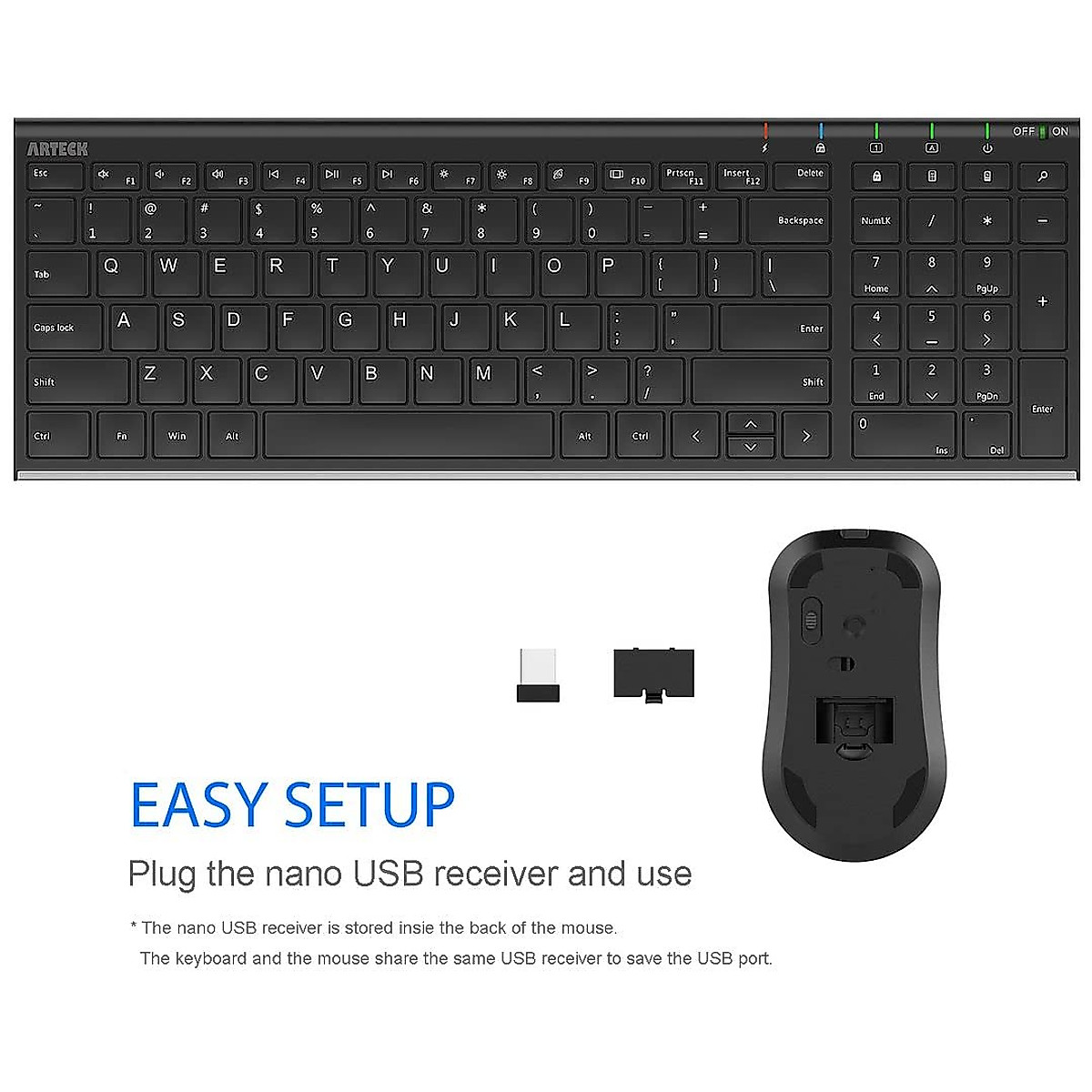 Arteck 2.4G Wireless Keyboard and Mouse Combo HW193MW162 Stainless Ultra Slim Full Size Keyboard and Ergonomic Mouse for Computer Desktop PC Laptop and Windows 11/10/8/7 Build in Rechargeable Battery