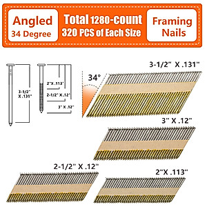 SITLDY 34-30 Degree Framing Nails 4 Sizes (2"+2-1/2"+3.0" Ring+3-1/2" Smooth), D Head Hot Dipped Galvanized Paper Tape Strip Nails, 320 PCS per Size, 1280 Count, for 30 to 34 Degree Framing Nailer