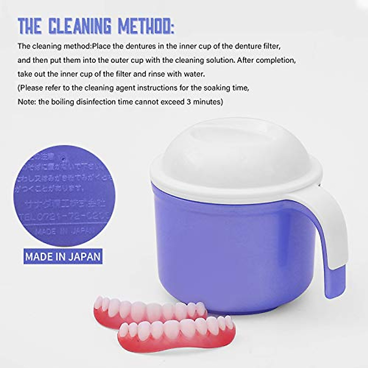 Large Denture Baths Cup, False Teeth Bath Cup with Strainer and Lid for Soaking Dentures or Storing Pacifier, Capacity 10.6 Oz