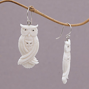 NOVICA Artisan Handcrafted .925 Sterling Silver Bone Dangle Earrings Owl Family | Handmade Artisan Earrings | Aretes de buho | Jewelry Dangle Earring | Earrings Carved Bone | Animal Themed Earrings