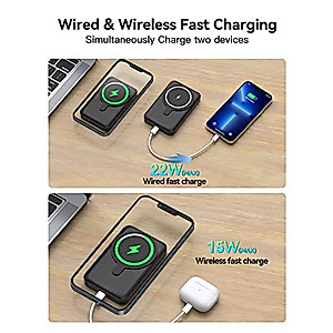 NEWDERY Magnetic Wireless Portable Charger, 10000mAh Mag-Safe Battery Pack 15W Fast Charging, PD 22W USB-C Power Bank Foldable Stand Compatible iPhone 14/13/12 Pro Max Plus Mini-Black