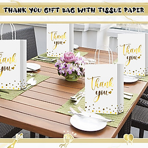Tinlade 100 Pcs Thank You Gift Bags Bulk Paper Gold Thank You Wedding Bags with Handle for Business, Shopping, Wedding, Baby Shower, Party Favors (White)