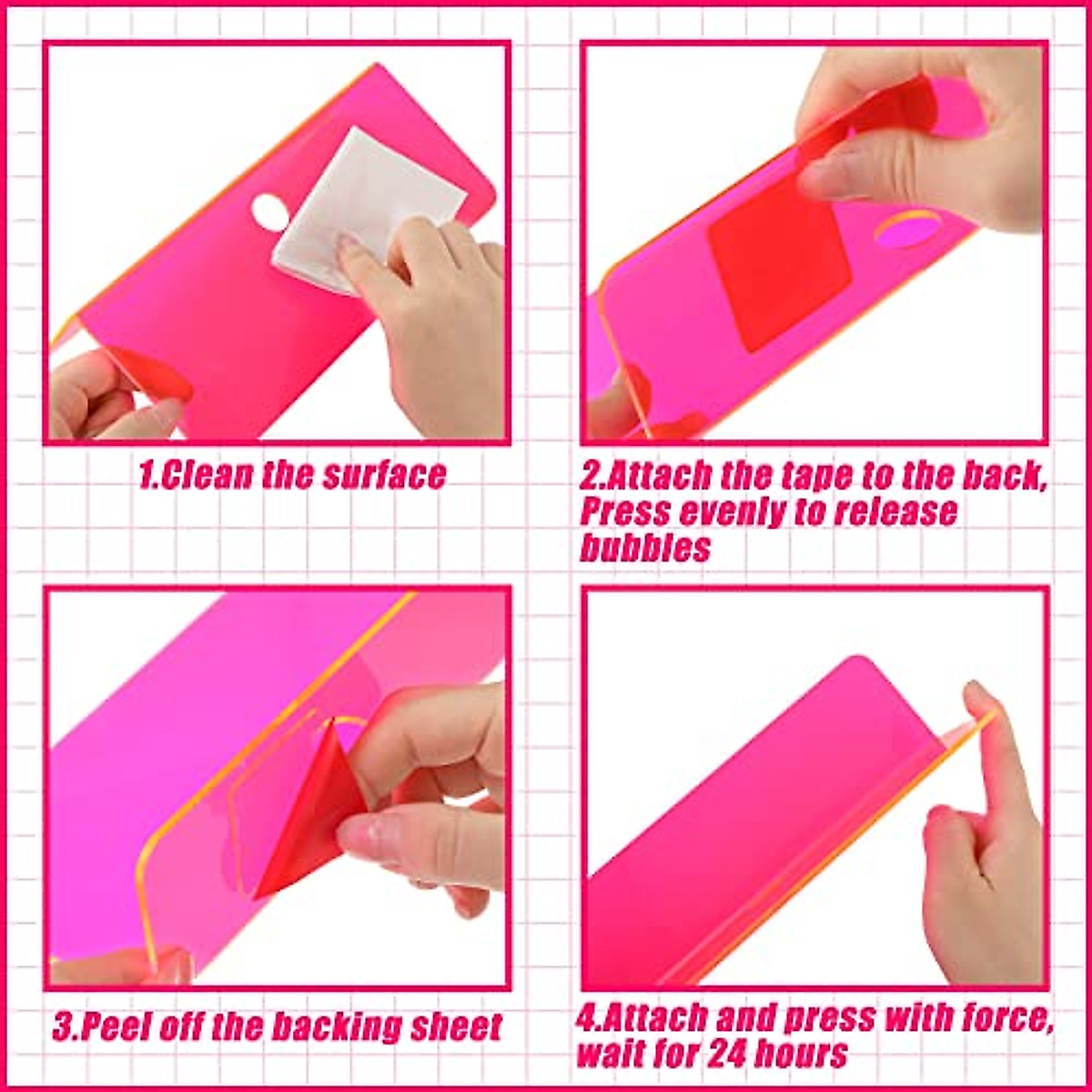 Floating Wall Shelves 9 Inch Acrylic Small Wall Shelf Hanging Shelves Adhesive Shelf Screwless Display Shelf with Cable Clips and Stickers for Bathroom, Bedroom, Office (Fluorescent Pink, 4 Pcs)