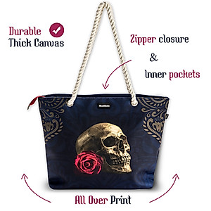 Skullistic Rose Skull Shoulder Bag - Beach, Travel & Gym, Thick Canvas, L18.5 x H13.5 x W5