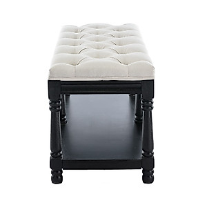 Guyou Farmhouse Storage Bench End of Bed Bench for Bedroom with Shelf 6 Foot, Fabric Upholstered Bench French Country Tufted Bench for Living Room Mudroom Black Washed Wood (Cream, 45”Lx19”Hx15.8”W)