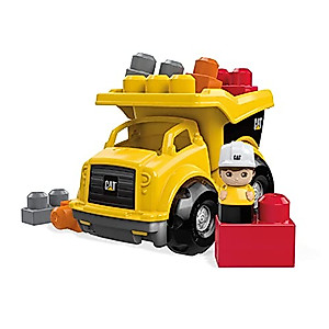 MEGA BLOKS Cat Toddler Blocks Building Toy Set, Lil’ Dump Truck with 7 Pieces and Storage, 1 Figure, Yellow, Ages 1+ Years