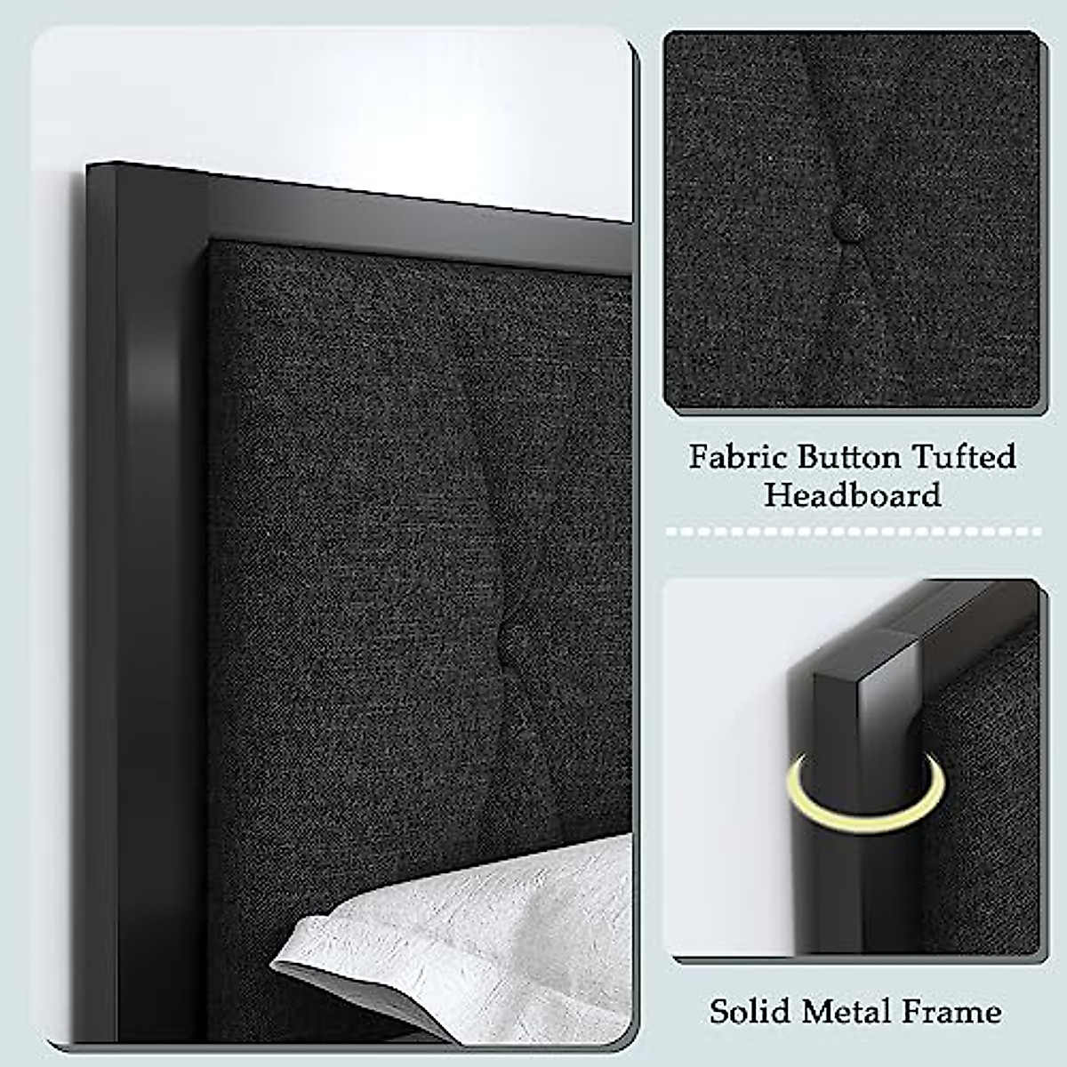 Feonase Full Size Metal Bed Frame with Fabric Button Tufted Headboard, Platform Bed Frame with Heavy Duty Metal Slats, 12" Storage Space, Noise Free, No Box Spring Needed, Dark Grey