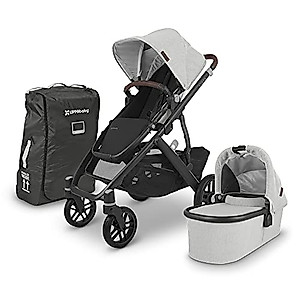 Vista V2 Stroller -Anthony (White & Grey Chenille/Carbon/Chestnut Leather) + Travel Bag for Vista, Vista V2, Cruz, Cruz V2)