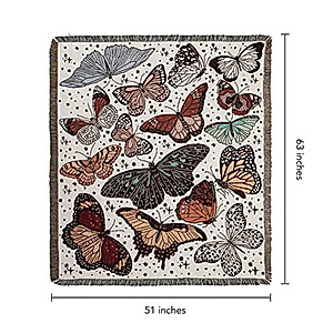 tiowik Butterflies Throw Woven Blanket with Tassel for Home Decoration Chair Couch Sofa Bed Beach Travel Picnic Cloth Tapestry Shawl Cozy Cotton (White 63×51 Inches)