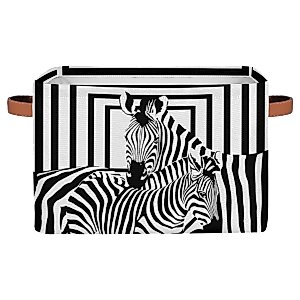 Funky Qiu African Animal Zebra Storage Basket Cube Black White Large Toys Storage Box Bin with Handle Collapsible Closet Shelf Cloth Organizer for Nursery Bedroom,15x11x9.5 in,2 Pack
