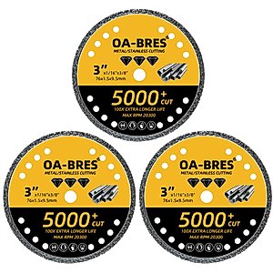 3Pack Diamond Cut Off Wheels, 3 Inch(75MM) Metal Cutting Wheel with 3/8 Inch(9.5MM) Arbor, Diamond Disc with 5000+ Cuts on Rebar, Steel, Iron and INOX