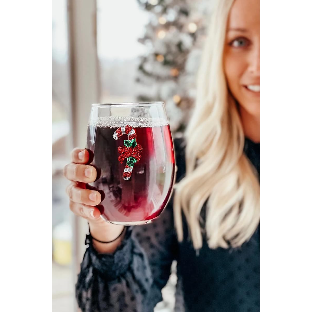 THE QUEENS' JEWELS Candy Cane Limited Edition Jeweled Stemless Wine Glass, 21 oz. - Unique Gift for Women, Birthday, Cute, Fun, Not Painted, Decorated, Bling, Bedazzled, Rhinestone