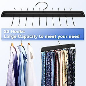 RESOVO Upgraded Tie Rack Hanger with 20 Foldable Metal Hooks, Space Saving Necktie Organizer for Men – Large Capacity Tie and Belt Wooden Hanger for Closet - Black