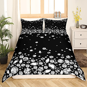 Silver Glitter Duvet Cover Set Queen Diamond Star Sky Floral Bedding Set 3pcs for Kids Teens Girls Boys Room Decor Bling Party Theme Comforter Cover Black Microfiber Quilt Cover with 2 Pillowcases