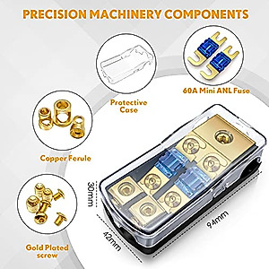 BULVACK 2 Way Mini ANL Fuse Holder, Copper 0/2/4 Gauge to 4/6/8 Gauge 60 Amp Fuse Distribution Block for Car Truck Boat Audio Stereo Amplifier
