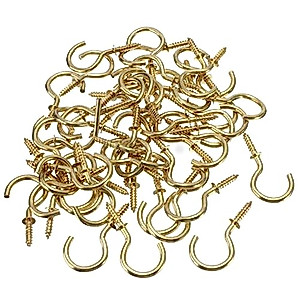 LANSEYQO Mini Ceiling Screw Hooks, 50 Pcs (1/2 inch) Hanging Cup Hooks Brass Plated Screw-in Hooks for Hanging Plants Mug Arts Decorations, Gold