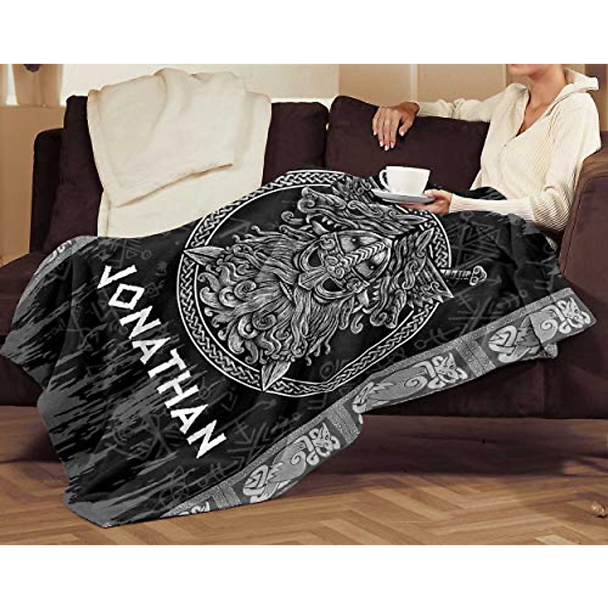 Personalized Custom Name Viking Odin The Northern God Celtic Raven Scandinavian Norse Runes Helmet Sign Birthday Christmas Fleece Sherpa Blanket Bed Throw Size Tapestry Wall Hanging (Version 3)