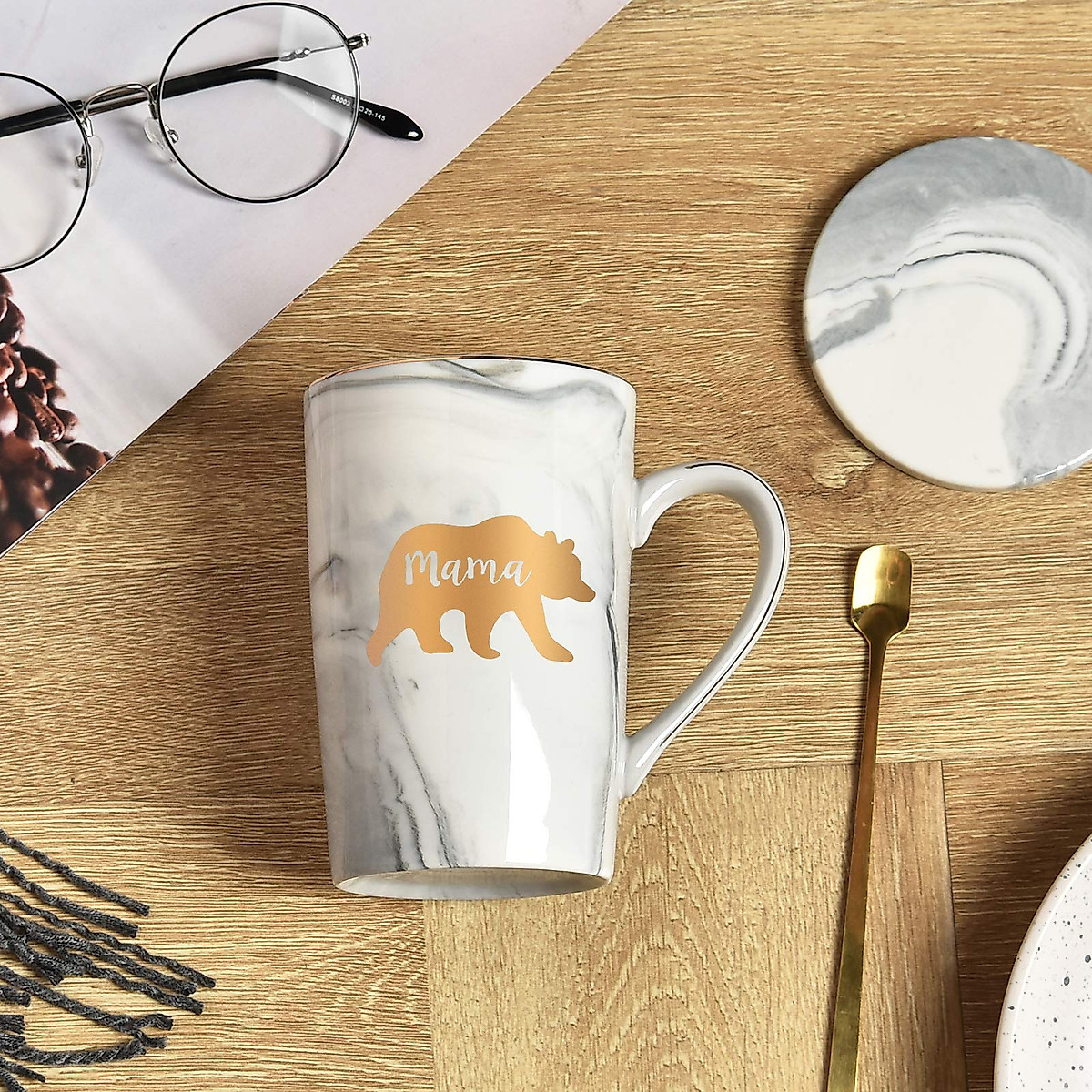 Mama Bear Marble Coffee Mug Bear Mug for Mom Coffee Mug Cup for Women from Daughter Son Best Gift for Mom On Mothers Day Christmas Birthday Marble Coffee Mug with Box, Spoon, Coaster, 14 Oz