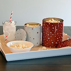 WHW Whole House Worlds 2 Piece Red and White Cookie Tin Set With Detachable Lids, Merry Star Pattern, Cylinders, 5 and 6.25 Inches Tall