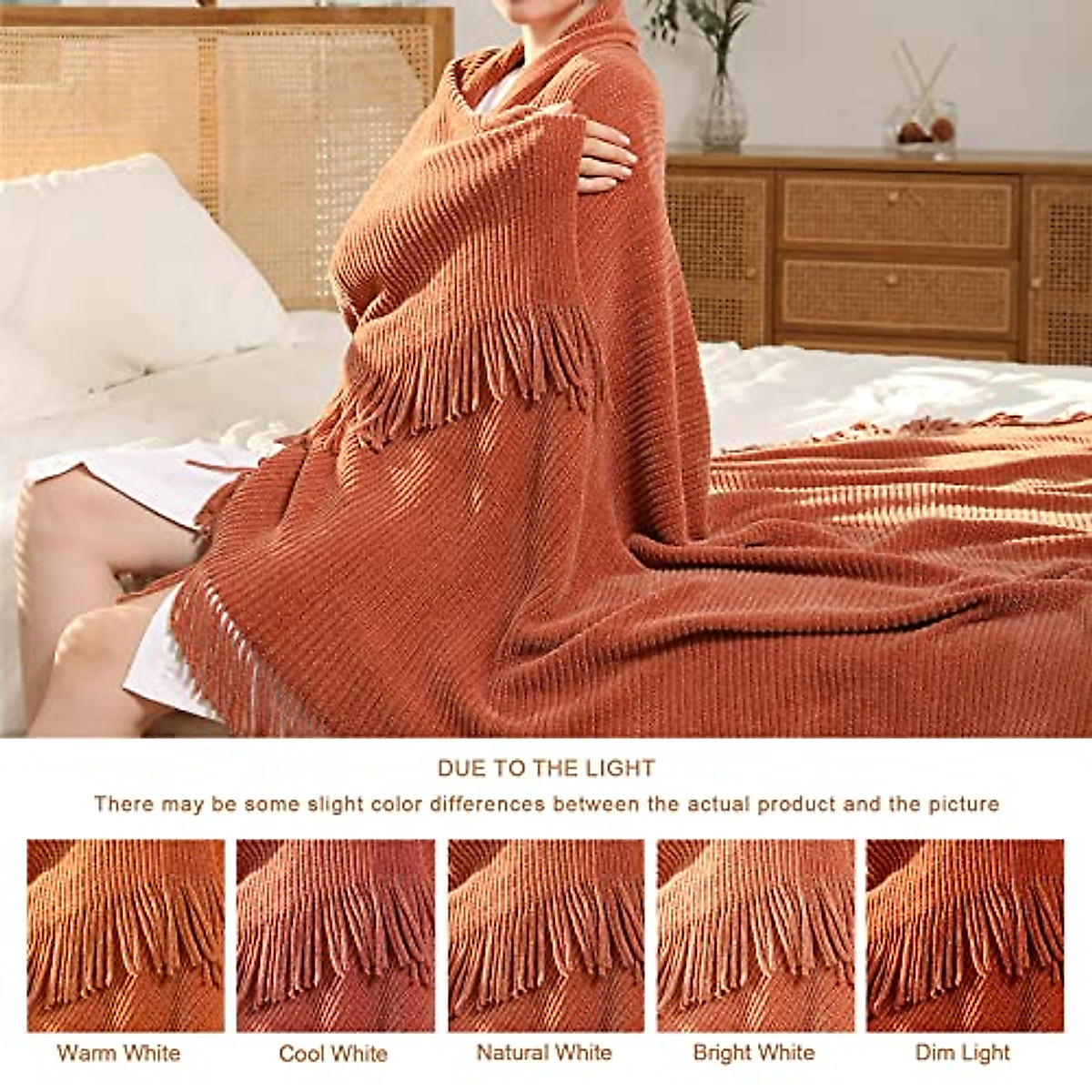Blagic Knitted Throw Blanket for Couch Soft Farmhouse Boho Throw Blanket with Tassels Home Decorative Lightweight Throw Blankets,Maple Brown Throws for Bed/Chair/Sofa, Stripe Textured,50" W x 60" L