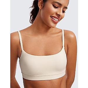CRZ YOGA Womens Butterluxe Adjustable Spaghetti Strap Sports Bra - Scoop Neck Wireless Padded Yoga Workout Crop Top White Apricot Small