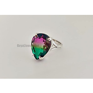 Multi Color Tourmaline Quartz Ring, Pear Shape Gemstone Ring, Handmade Ring, Women Ring, Gift For Her, All US Ring Size (Yellow Gold Plated Silver, 9)