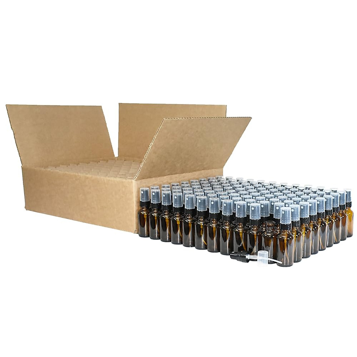 GlassBottleOutlet (Pack of 108) 1 oz. Amber Boston Round with Black Fine-Mist Sprayer