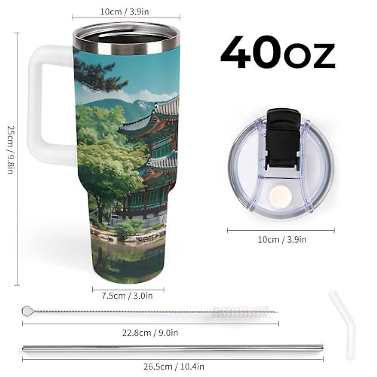 Korean Architecture Palace of Koreas Insulated Tumbler with Handle Stainless Steel Travel Coffee Mug with Lid And Straw 40oz