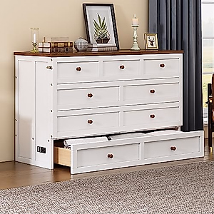 JIVOIT Queen Size Mobile Murphy Bed, Solid Pine Murphy Bed Chest with Charging Station and Large Storage Drawer, Queen Foldable Platform Bed for Home Office or Small Room