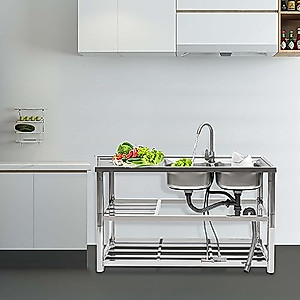 Commercial Restaurant Sink,304 Stainless Steel Utility Sink Kitchen Bowl Sink,with Double Storage Shelves&Drainer Unit Faucet Combo with Strainer (Double Bowl)