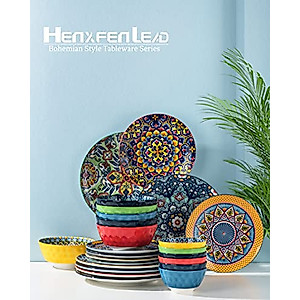 HENXFEN LEAD Ceramic Dinner Plates Set of 6-10.6 Inch Large Dessert, Pasta, Salad Plate, Porcelain Colorful Serving Dishes for Kitchen & Restaurant, Dishware, Microwave & Oven safe - Bohemian Style