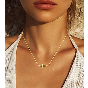 Beaux Bijoux 14k Gold Plated Silver Sideways Cross Necklace | Confirmation and Communion Gifts for Women | Gold Curved Cross Pendant for Women