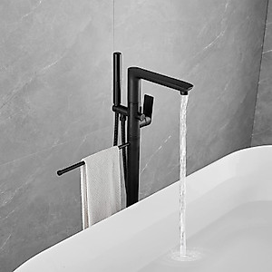 RUMOSE Tub Filler Freestanding Bathtub Faucet with 12.2 Inches Towel Bar Matte Black Floor Mount Tub Faucet Swivel Spout High Flow Bathtub Filler with Handheld Sprayer, Towel Rack