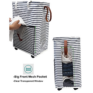 HiCharmcci Laundry Hamper, Wheeled Collapsible Clothes Hampers for Laundry, Large 82L, Dark Blue Strips, Sturdy Oxford Fabric, Mesh Closure, Portable Handle, Transparent Window
