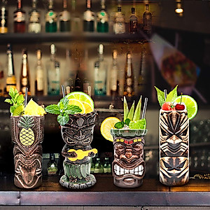 SuproBarware Tiki Mugs Set of 4– Ceramic Hawaiian Party Mugs Large Drinkware, Tiki Bar Mugs for Cocktails, Tropical Cups Drinks for Exotic Party - TJB02 (4pcs)