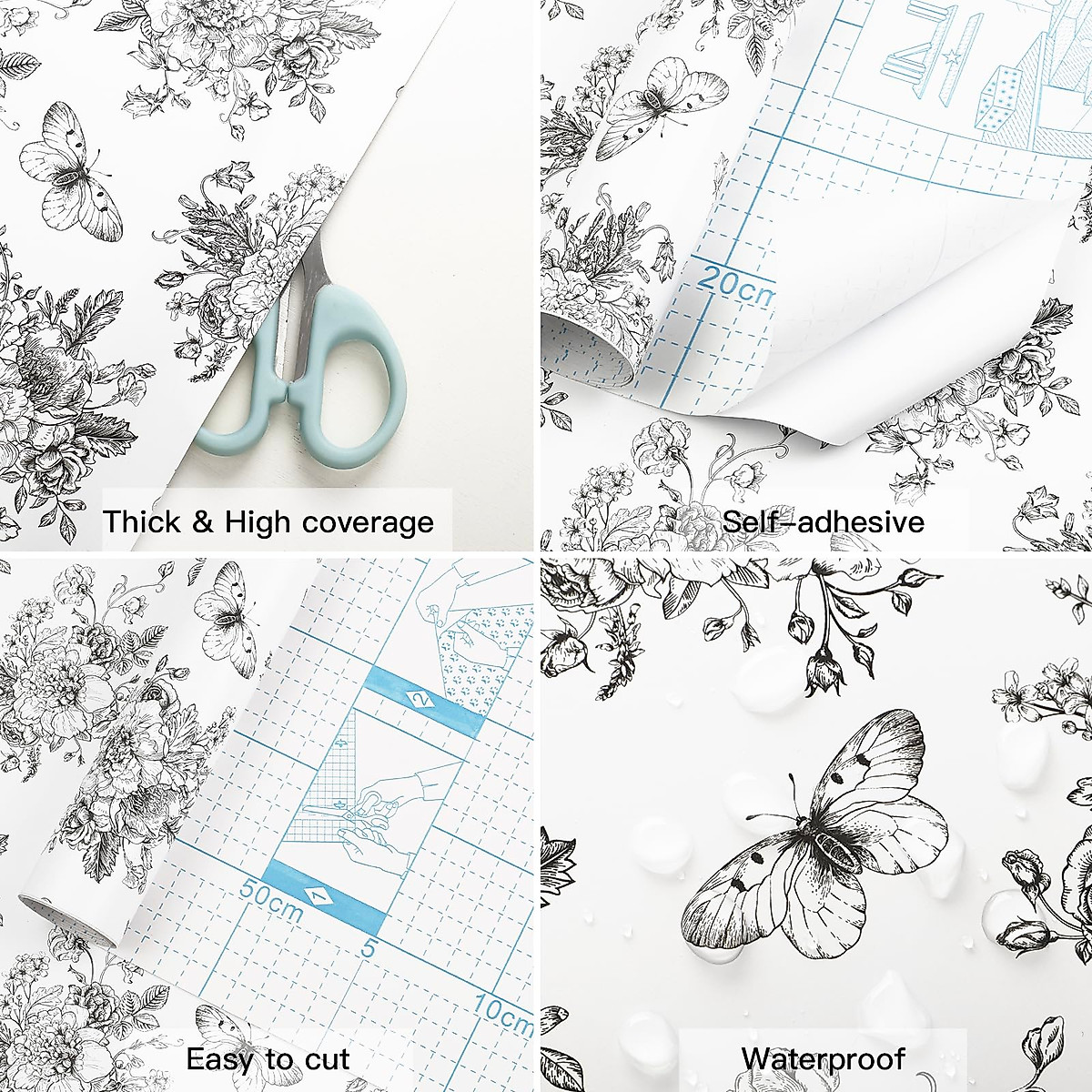 Micpolo Floral and Butterfly Self Adhesive Shelf Liner for Kitchen Bedroom Cabinets Waterproof Drawer Liner Dresser Vinyl Rolls 17.7In X 78.7In