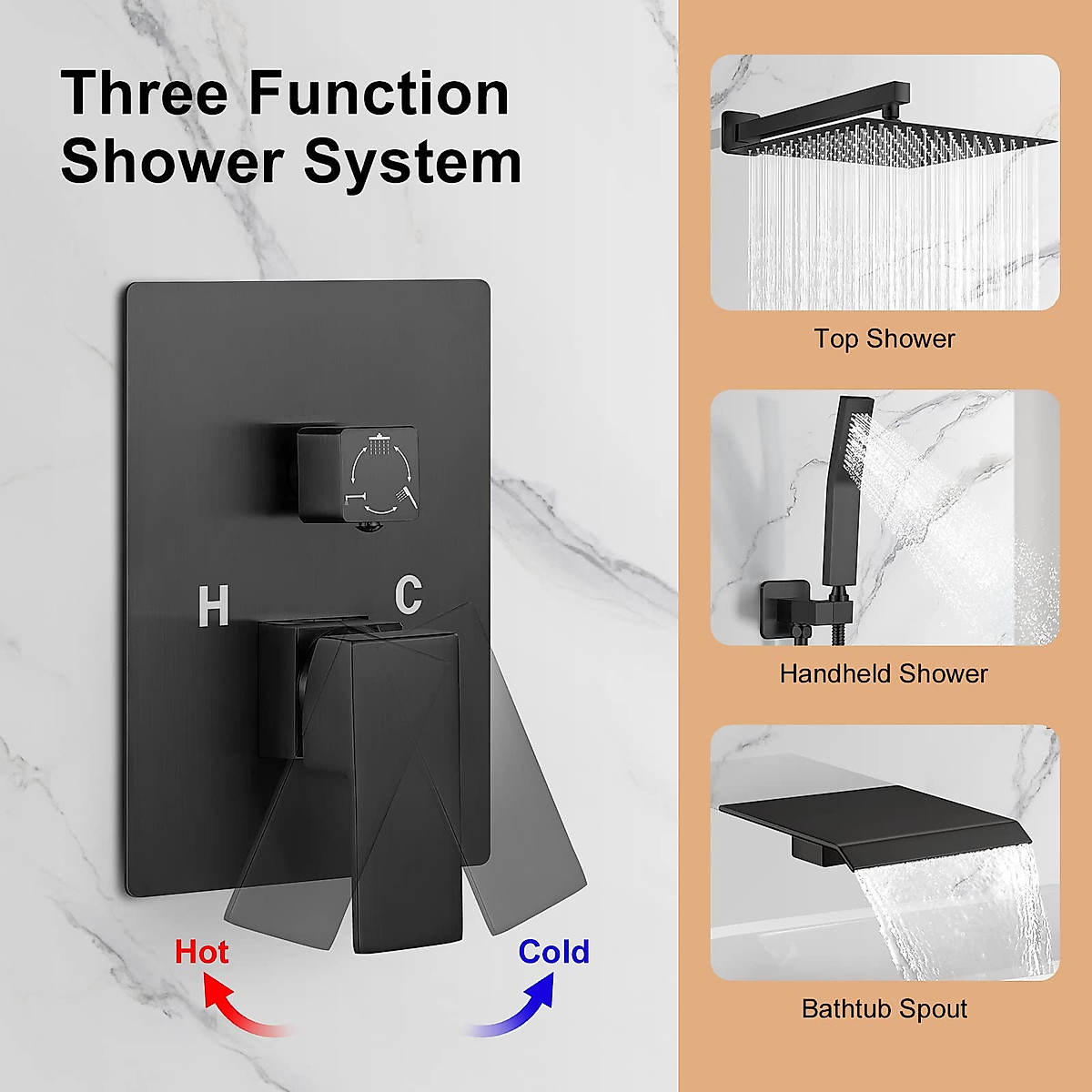 JOMEOO 12 Inch Shower System with Tub Spout, 3 Function Matte Black Bathtub Shower Faucet Set, Wall Mounted Bathroom High Pressure Rain Shower Head with Handheld Sprayer Rough in Valve Body and Trim